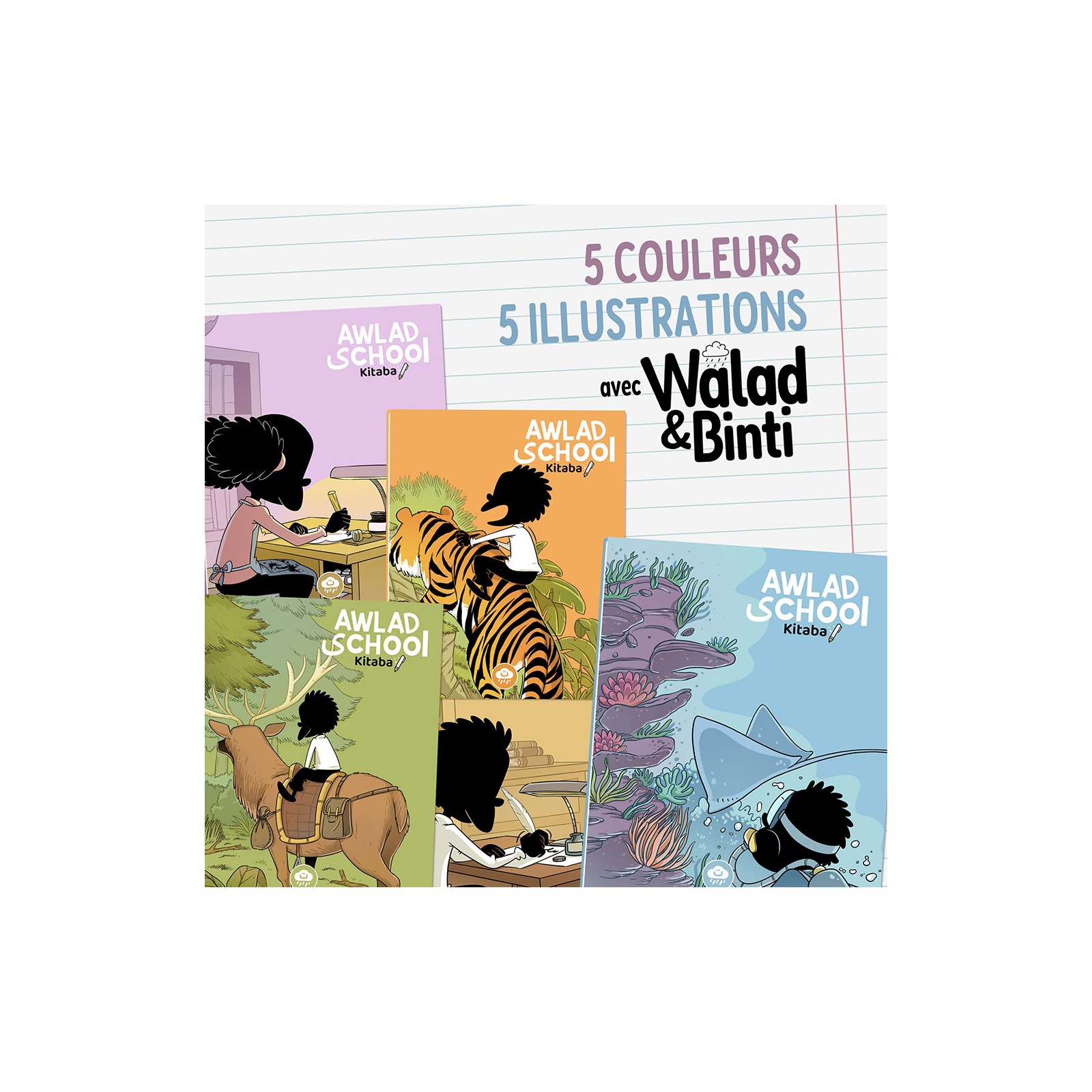 Pack 5 cahiers écriture arabe avec marge à droite, Walad and Binti